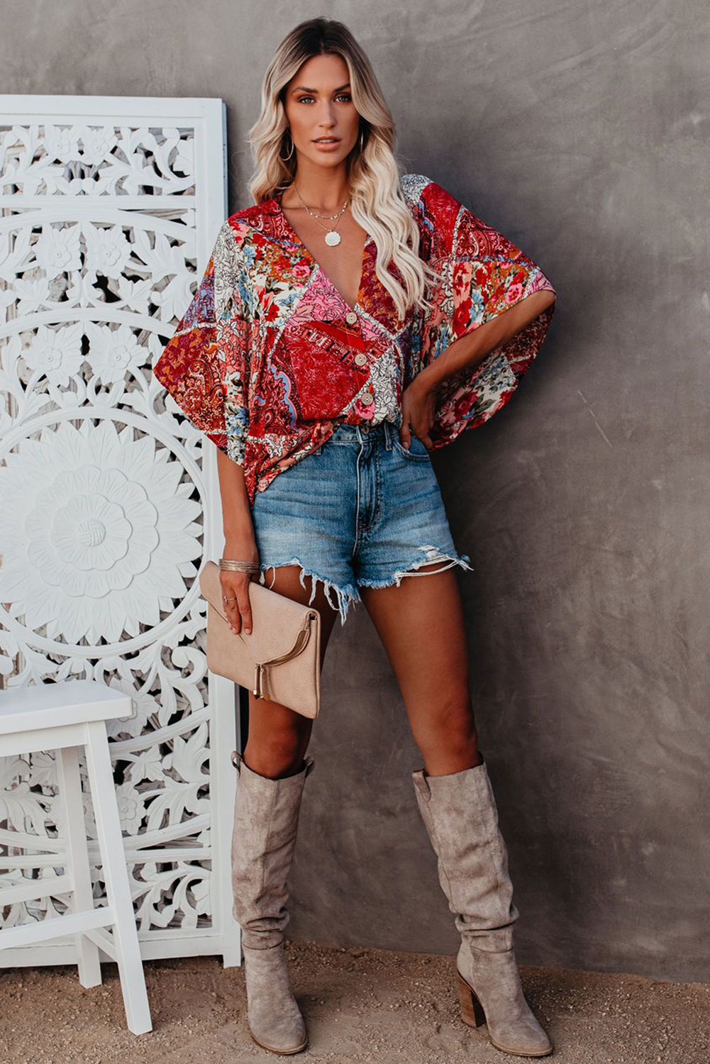 $7.98 Fiery Red Printed Flared Short Sleeve Buttoned Kimono Wholesale
