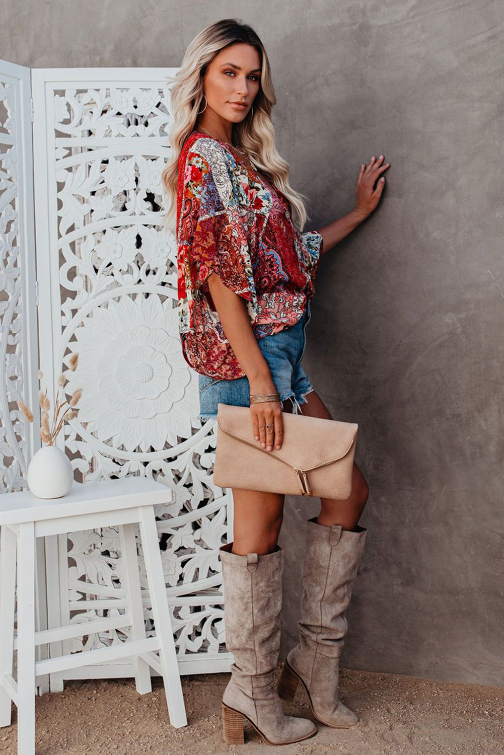 $7.98 Fiery Red Printed Flared Short Sleeve Buttoned Kimono Wholesale