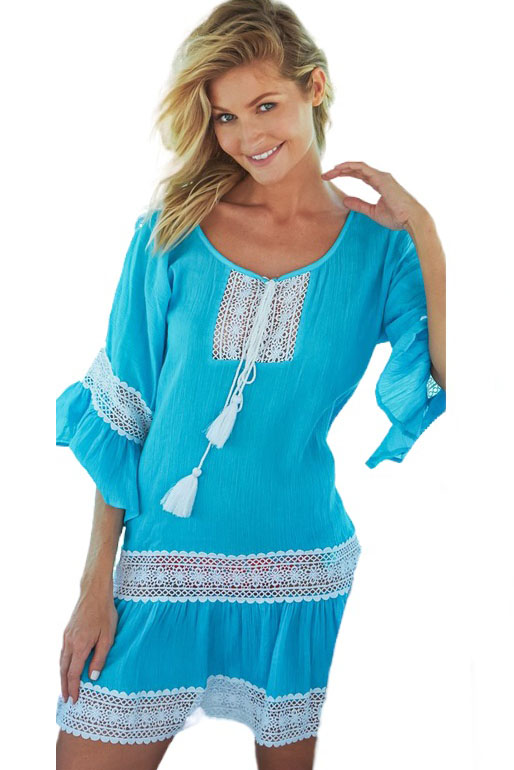 $7.98 Aqua Boho Crochet Transparent Beach Dress Wholesale