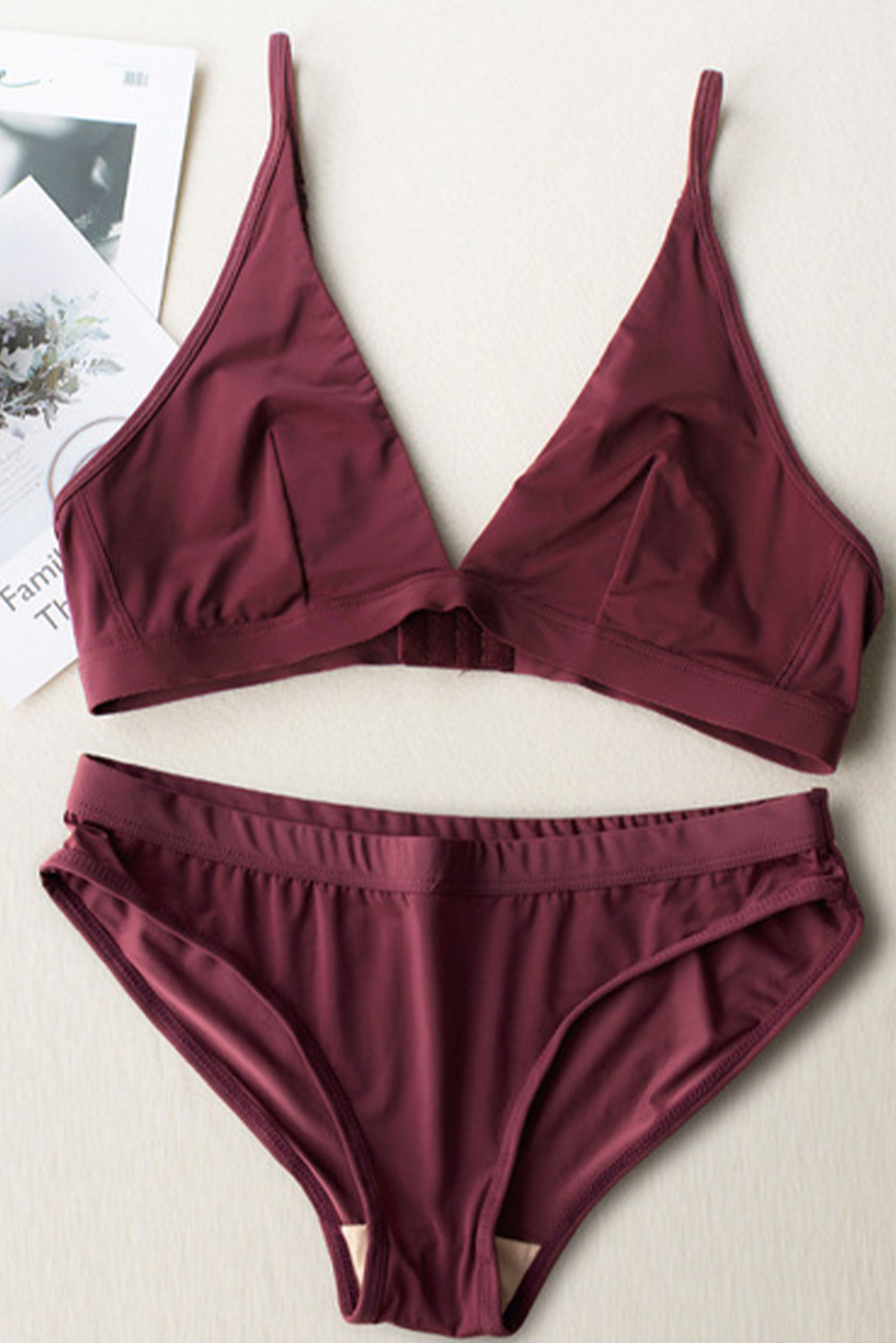 $6.5 Wine Fiery Red Deep V Adjustable Shoulder Straps Bikini Wholesale