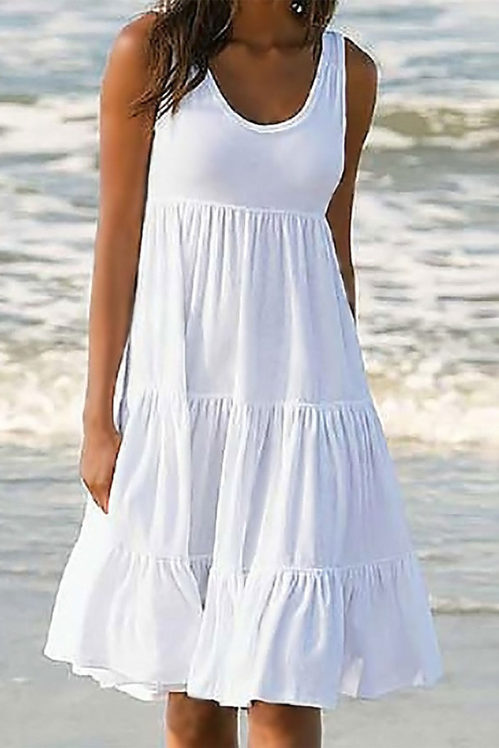 $6.4 White Ruffled Layered Knee Length Sundress Wholesale