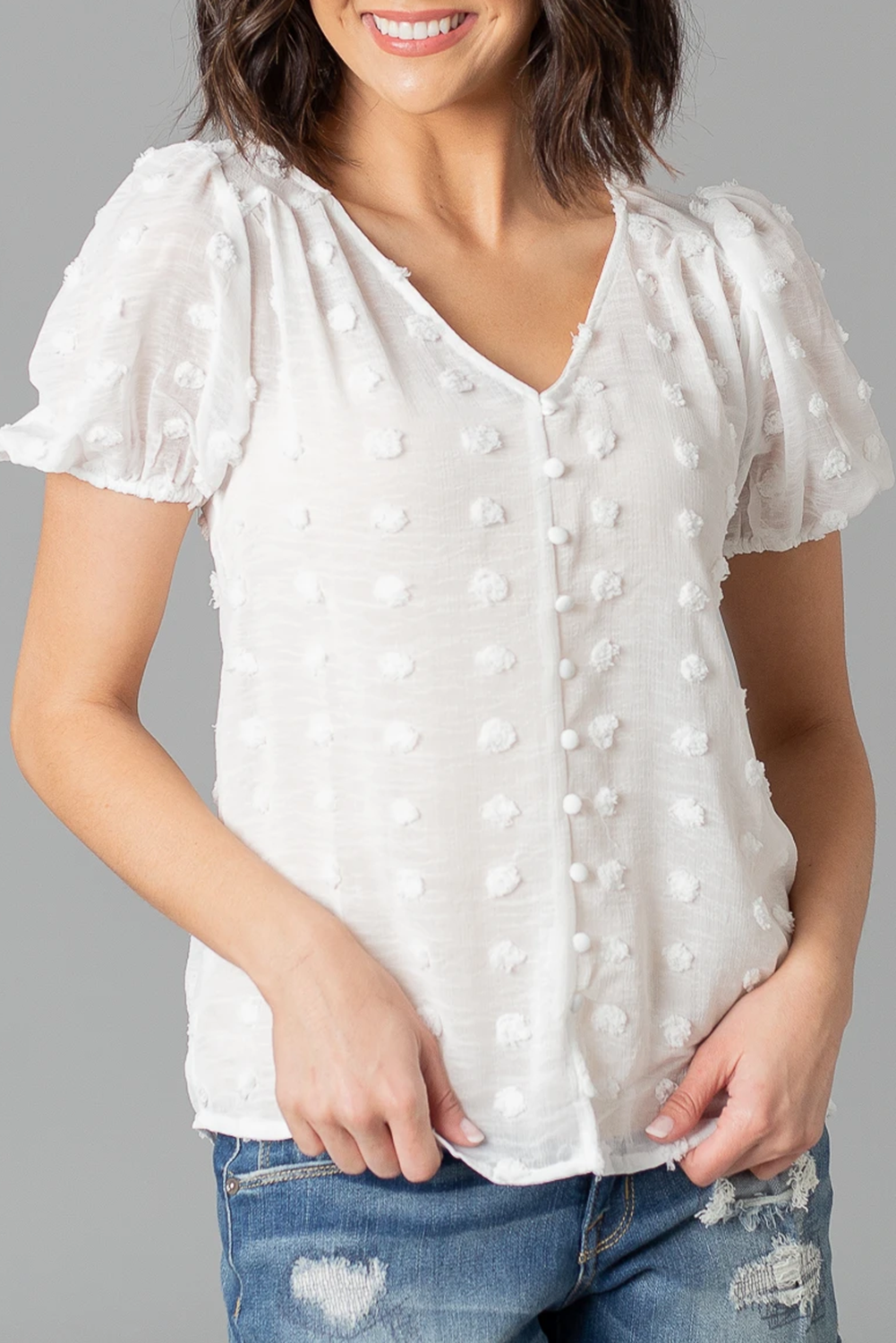 $5.5 White V Neck Swiss Dot Top Wholesale