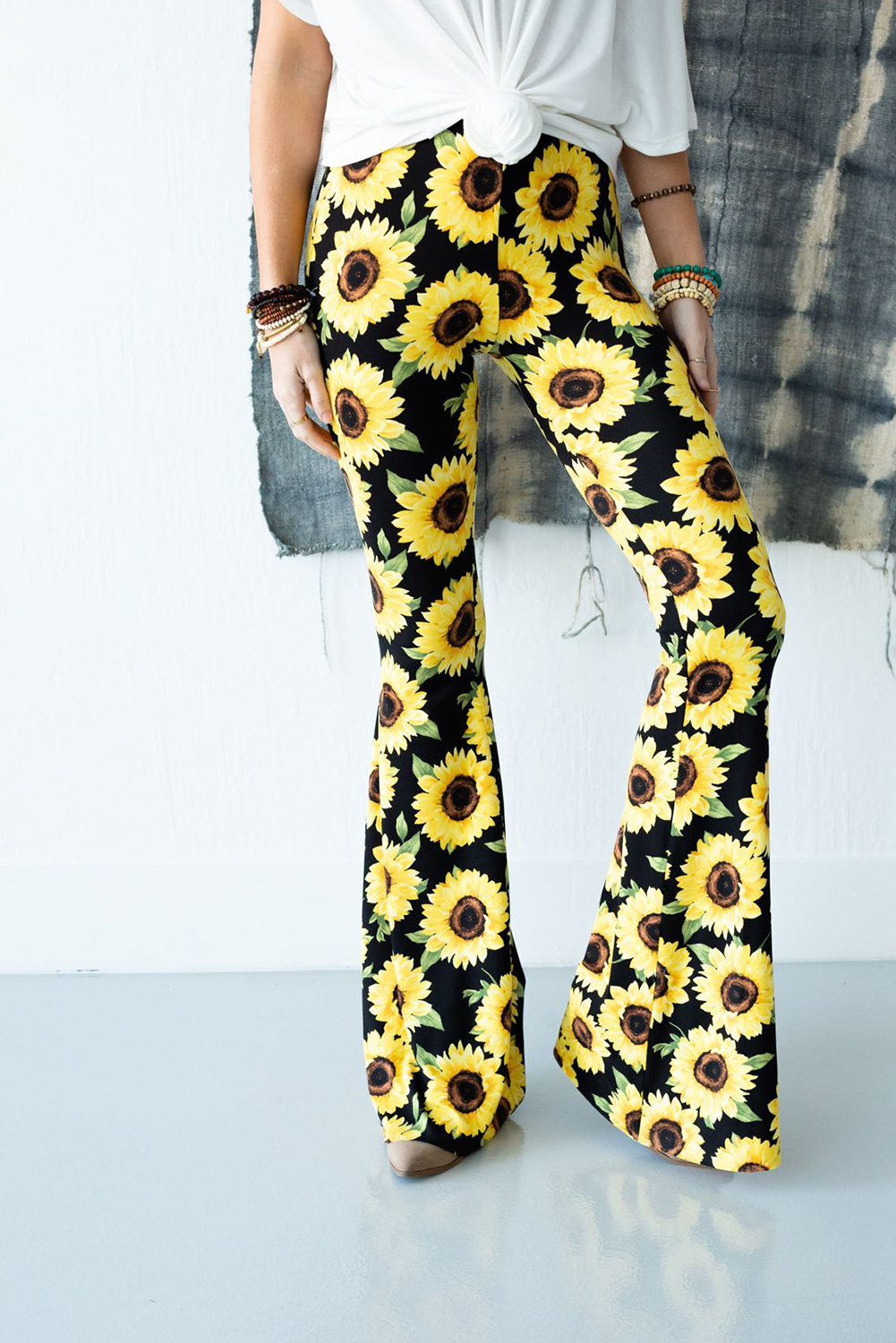 $7.98 Yellow Sunflower Flare Pants Wholesale