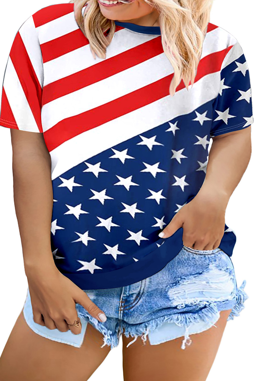 $5.2 Fiery Red Gray Crew Neck Tie-dye Colorblock Plus Size Tee Wholesale