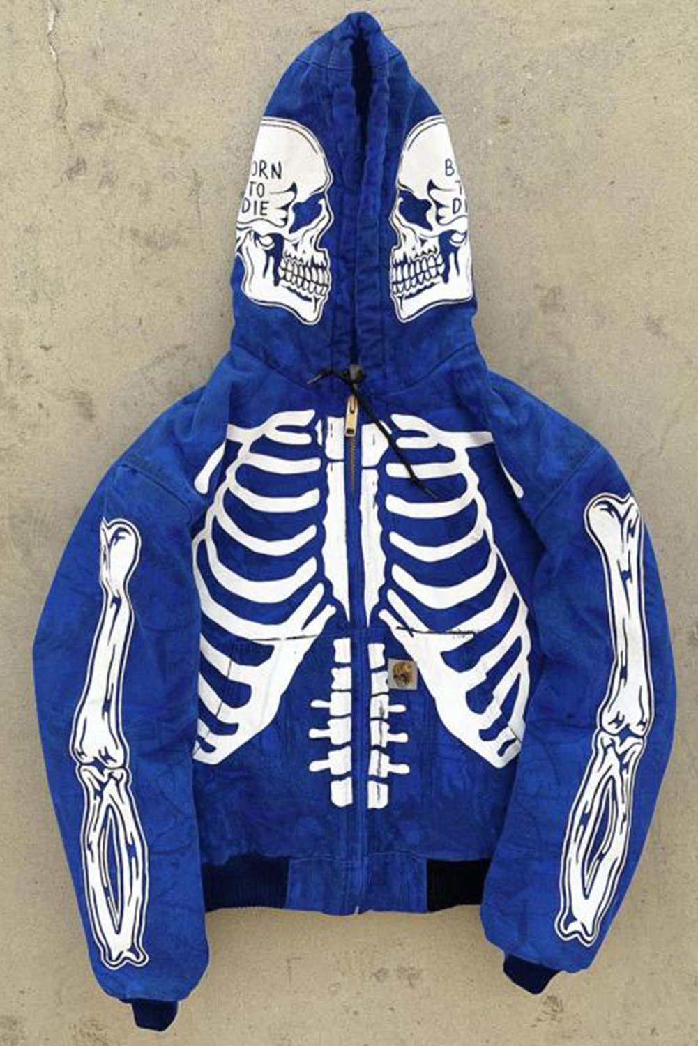 $13.54 Blue Skeleton Print Pocket Zipper Men's Hooded Jacket Wholesale