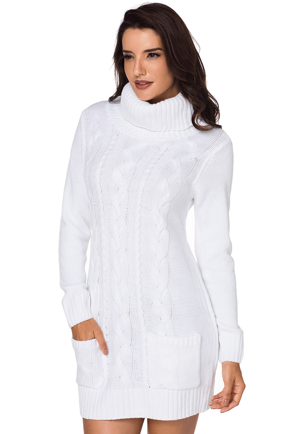 Womens White Cowl Neck Cable Knit Sweater Dress