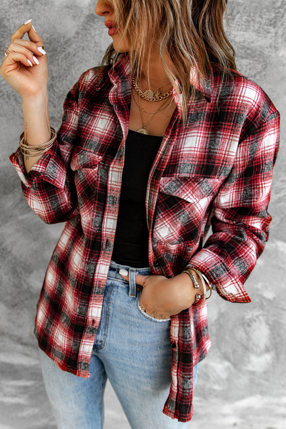 Women's Shacket - Red Buttons Pocketed Plaid Shacket