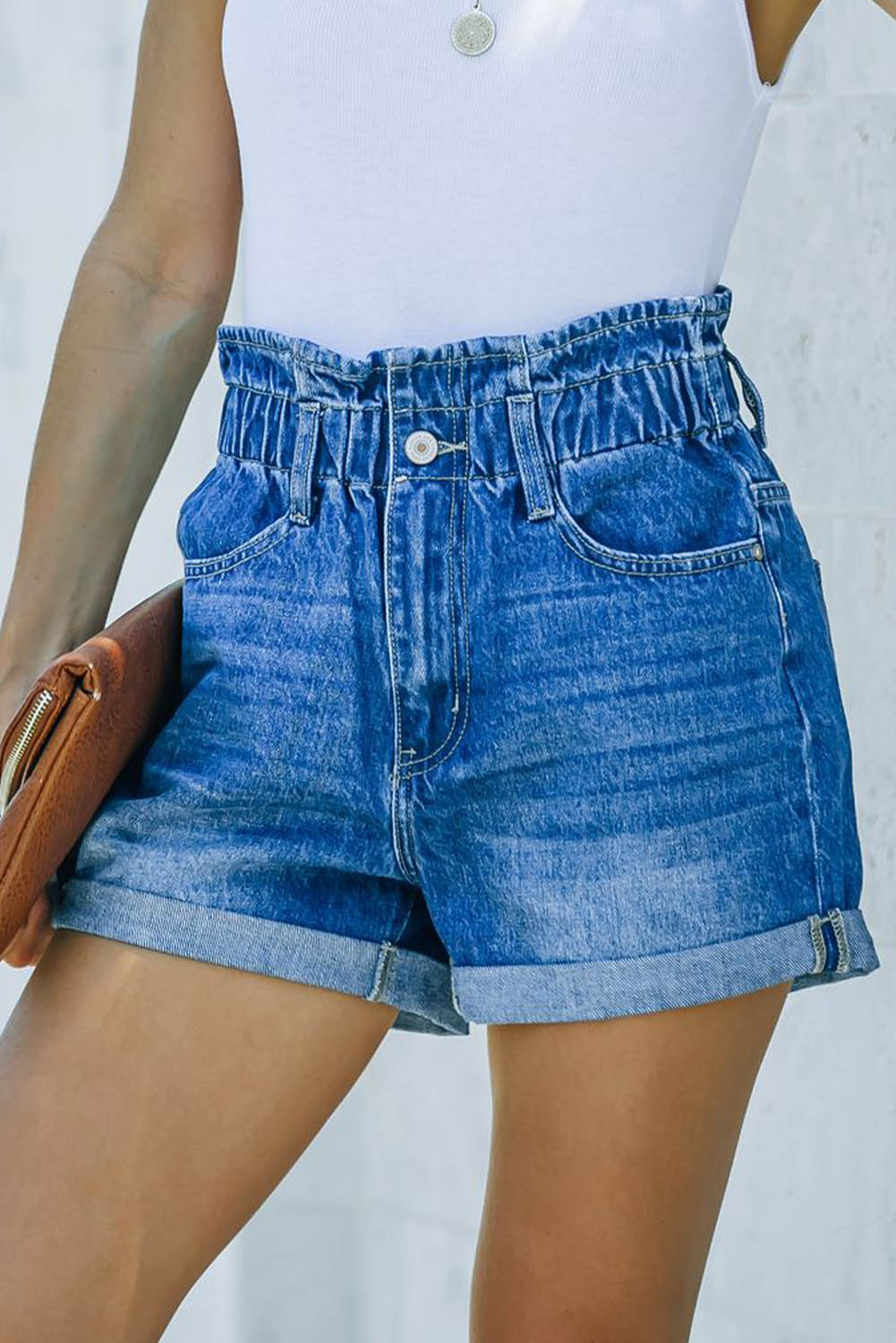 $8.49 Blue Paper Bag High Waist Denim Shorts Wholesale
