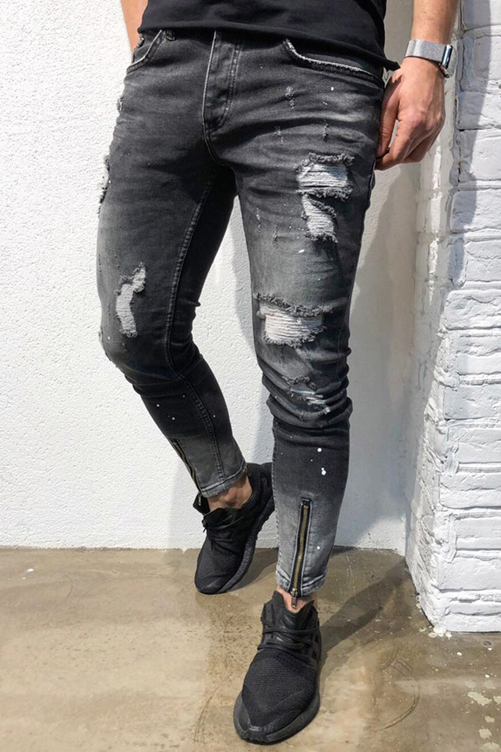 $11.82 Men's Ripped Zipper Slim-fit Jeans Wholesale