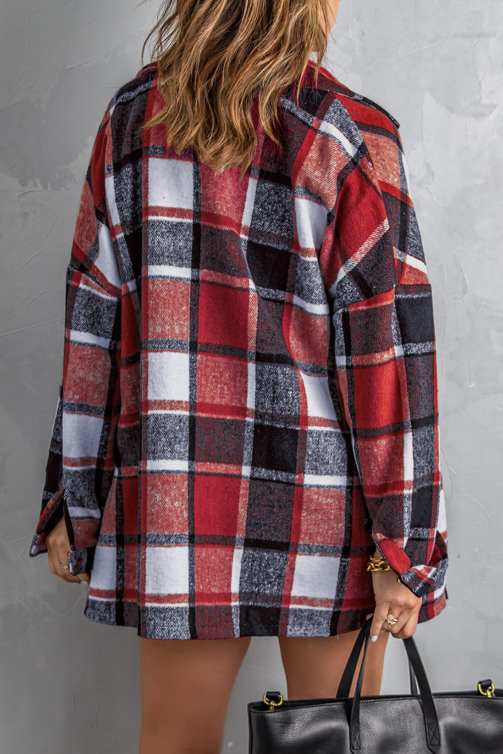 Women's Shacket - Red Plaid Print Buttoned Shirt Jacket