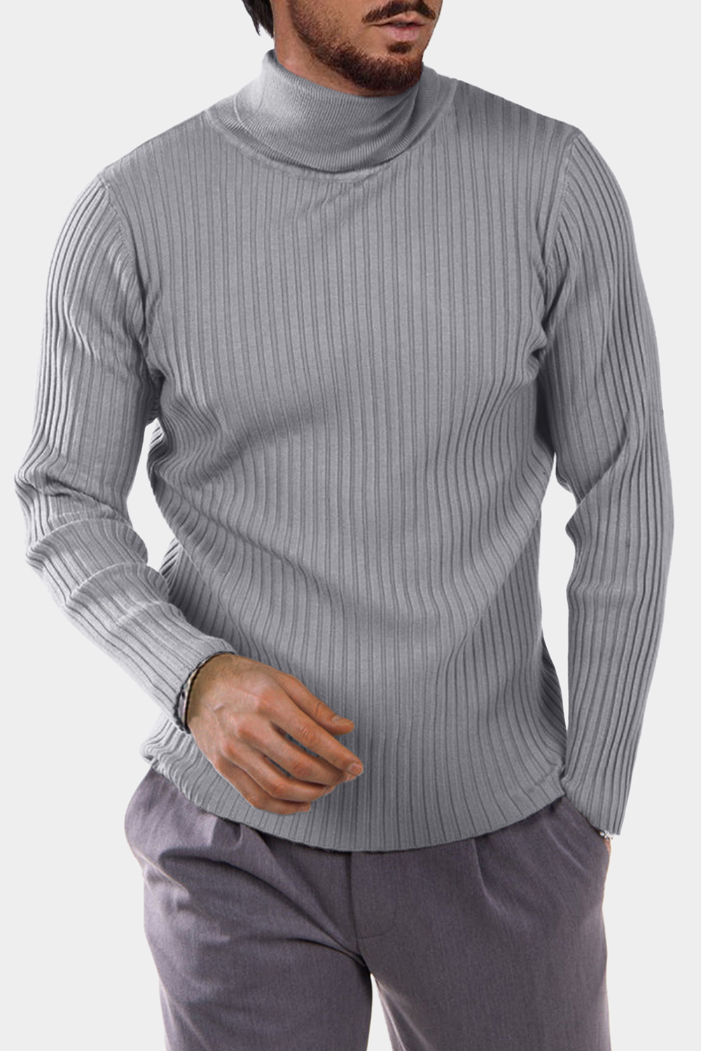 $4.99 Gray Classic Rib Knit Mens High Neck Sweater Wholesale