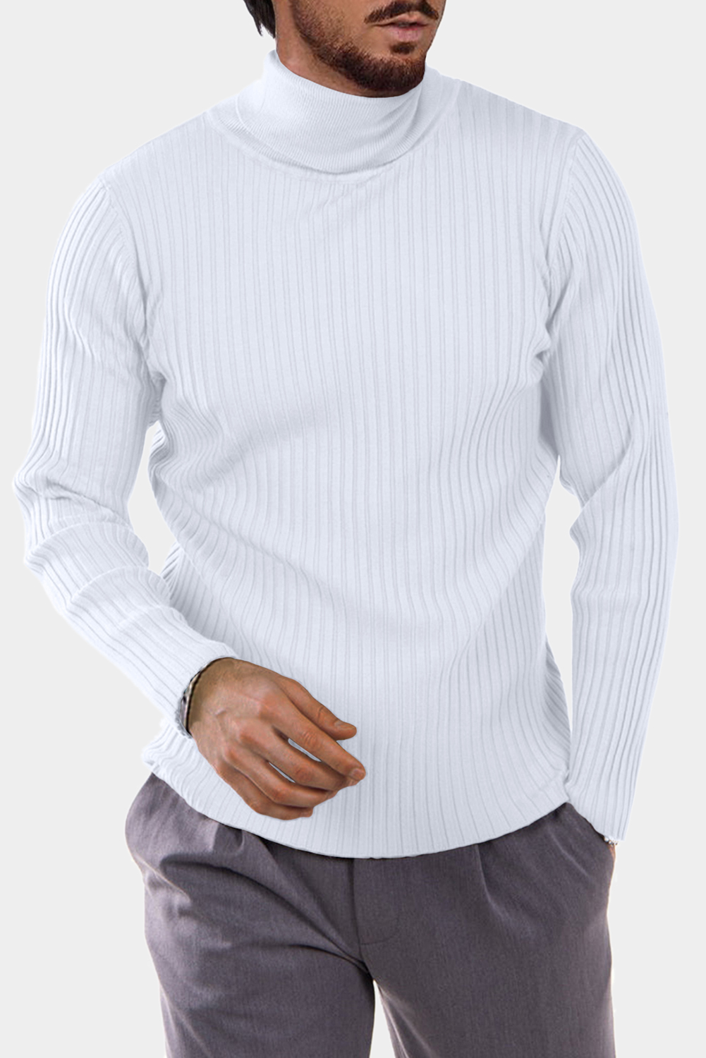 $3.98 White Classic Rib Knit Mens High Neck Sweater Wholesale