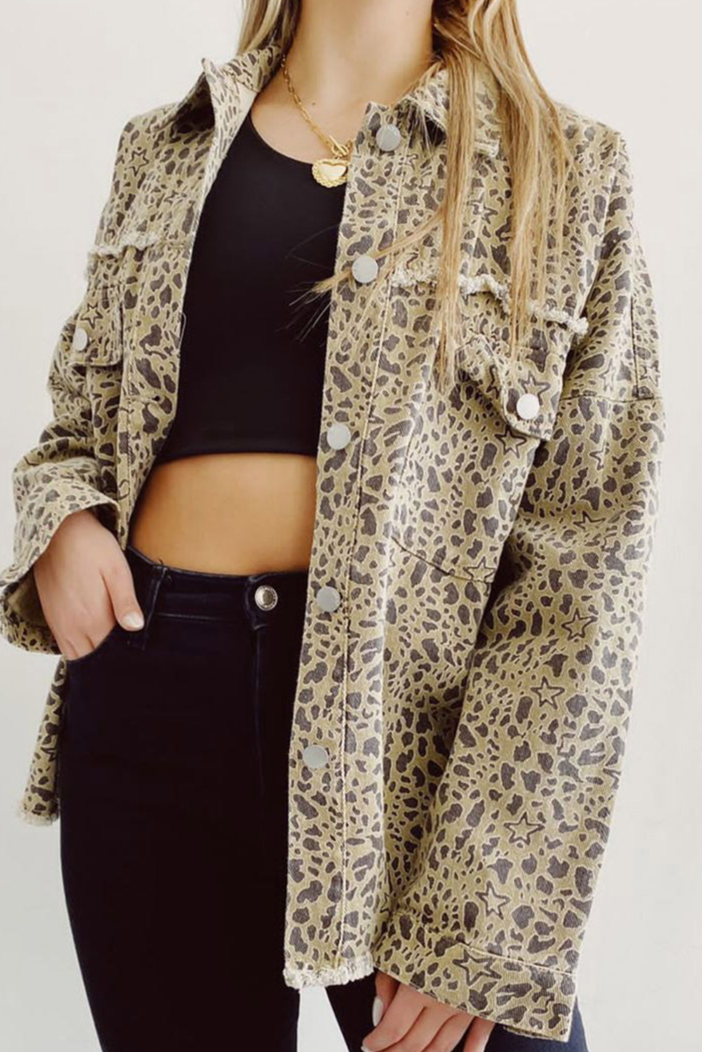 $14.3 Yellow Stars & Animal Spots Print Button Up Denim Shacket Wholesale