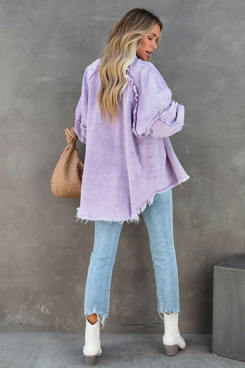 $14.8 Purple Frayed Hemline Denim Shacket Wholesale