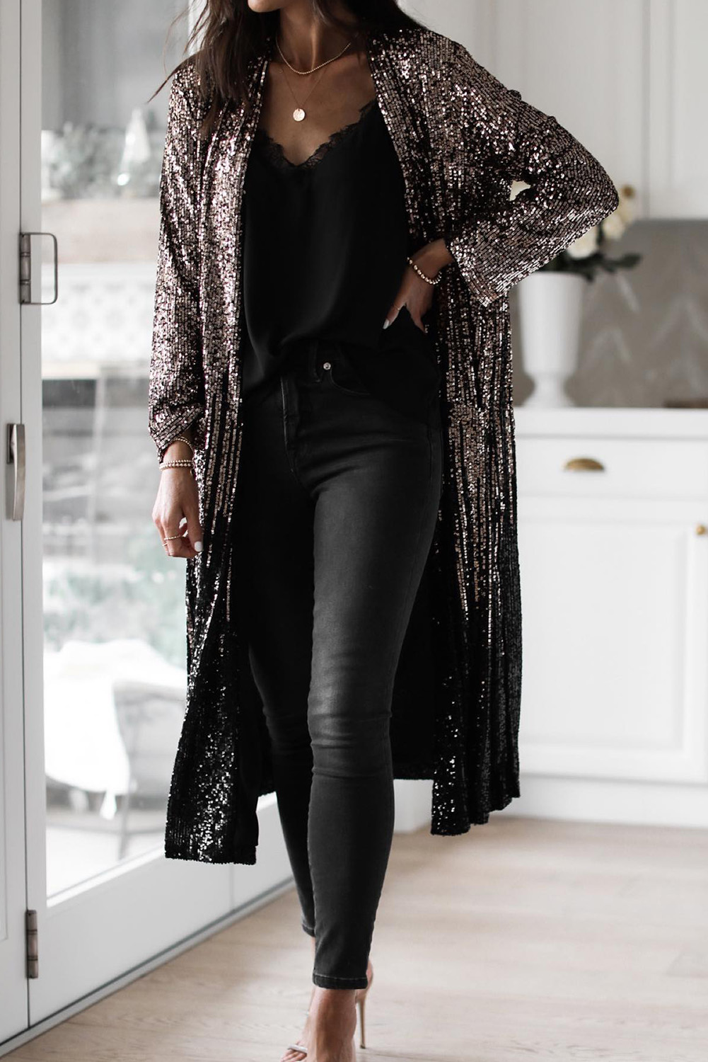 $17.69 Gradient Sequins Long Open Front Cardigan Wholesale
