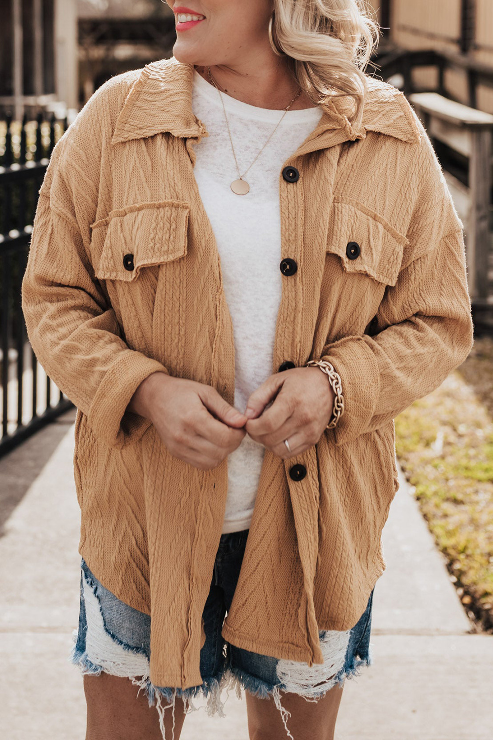 $9.29 Yellow Yellow Yellow Plus Size Turn-down Neck Textured Shacket ...