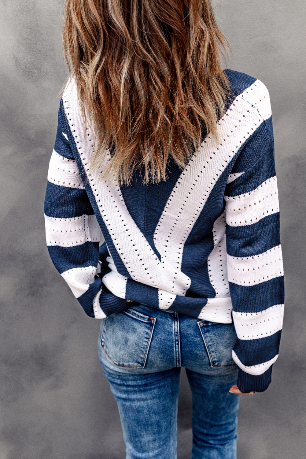 $9.8 Blue Striped Colorblock V Neck Knitted Sweater Wholesale