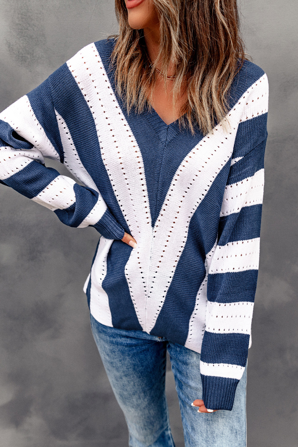 $9.8 Blue Striped Colorblock V Neck Knitted Sweater Wholesale