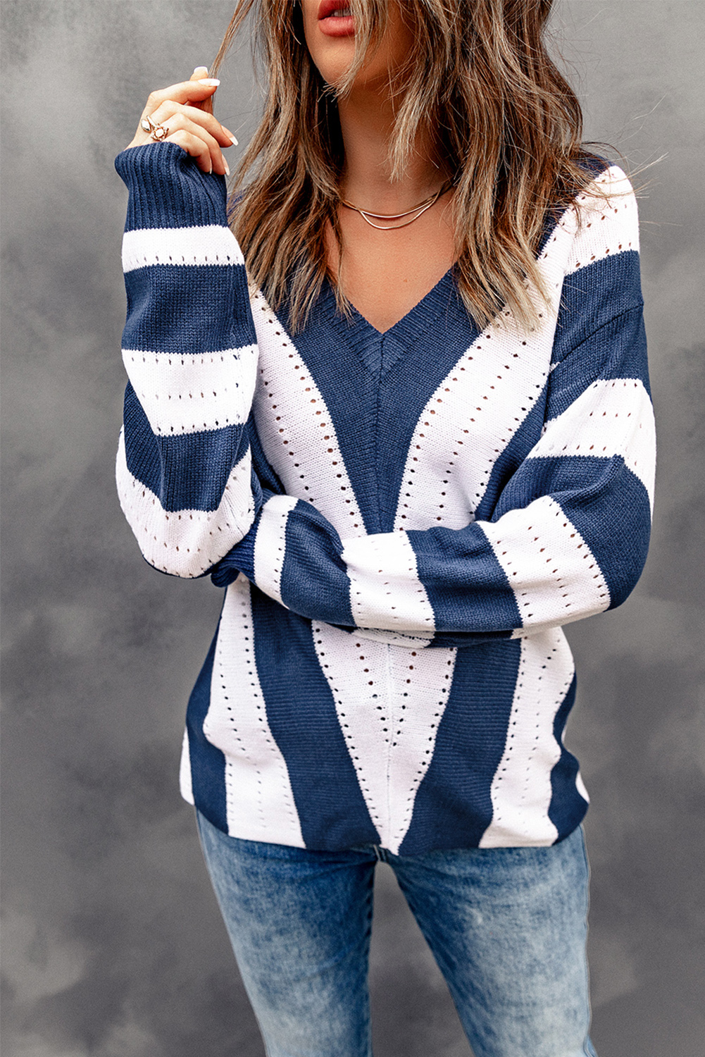 $9.8 Blue Striped Colorblock V Neck Knitted Sweater Wholesale