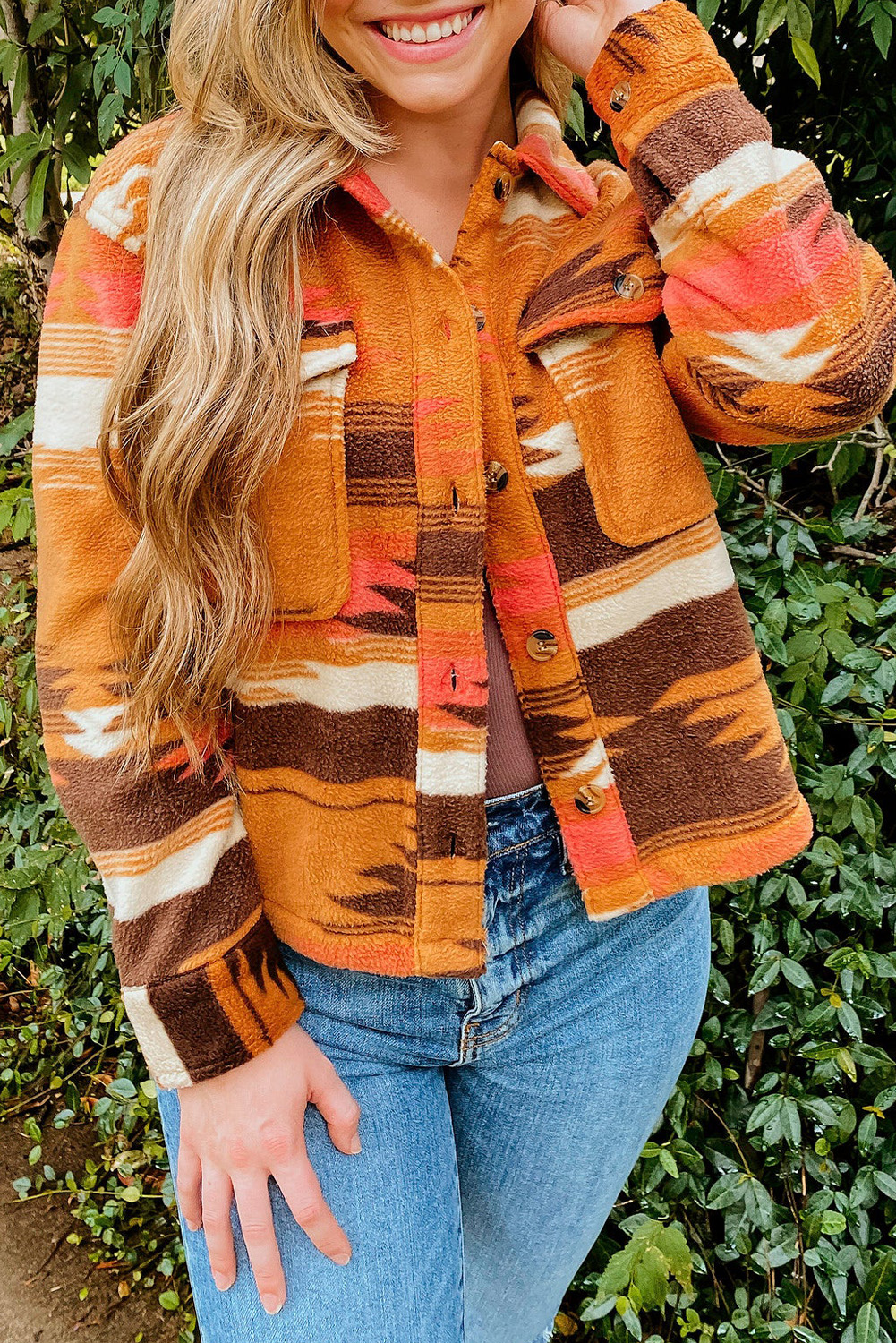 $10.5 Orange Aztec Pattern Fuzzy Jacket Wholesale