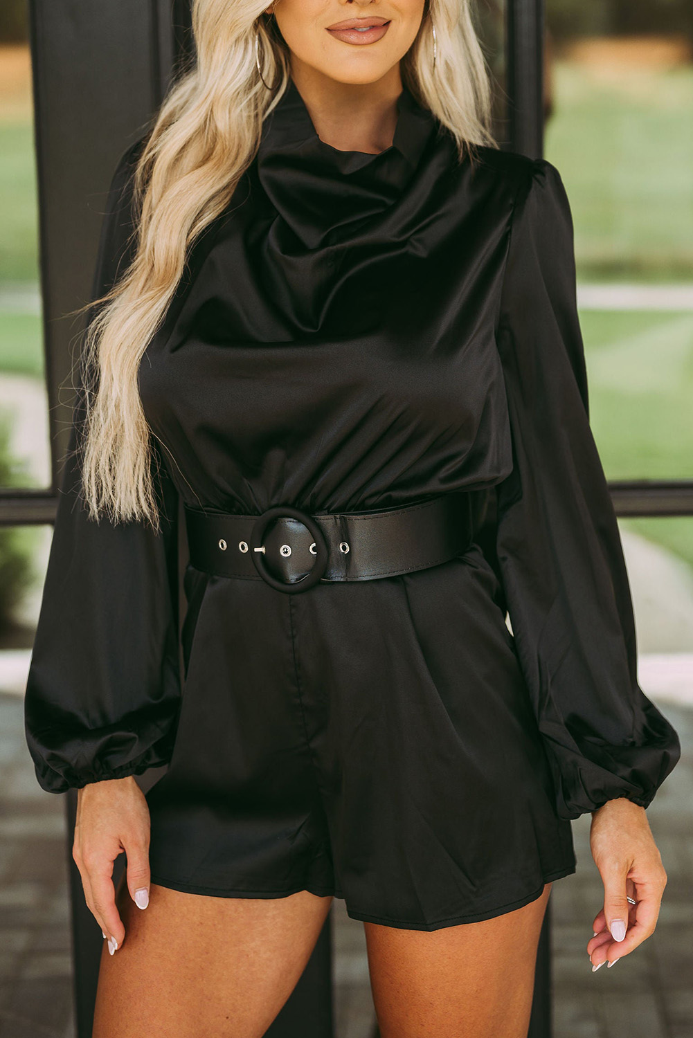 $11.69 Black Cowl Neck Puff Sleeve Satin Romper Wholesale