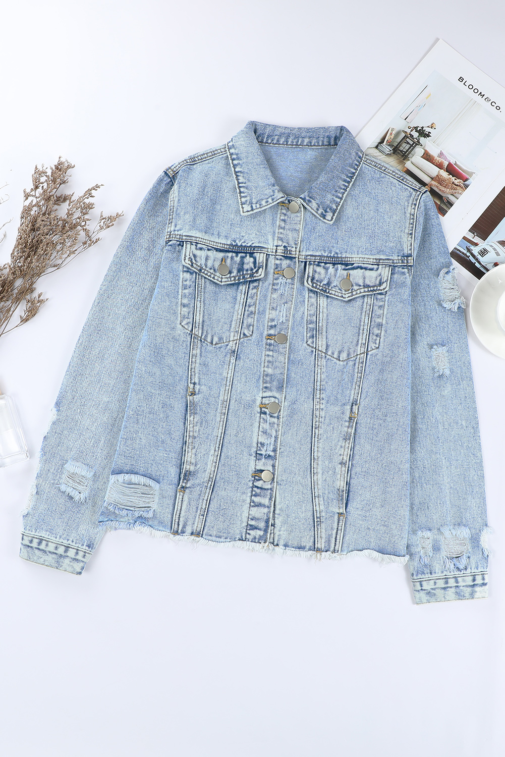 $14.3 Sky Blue Lapel Distressed Raw Hem Buttons Denim Jacket Wholesale