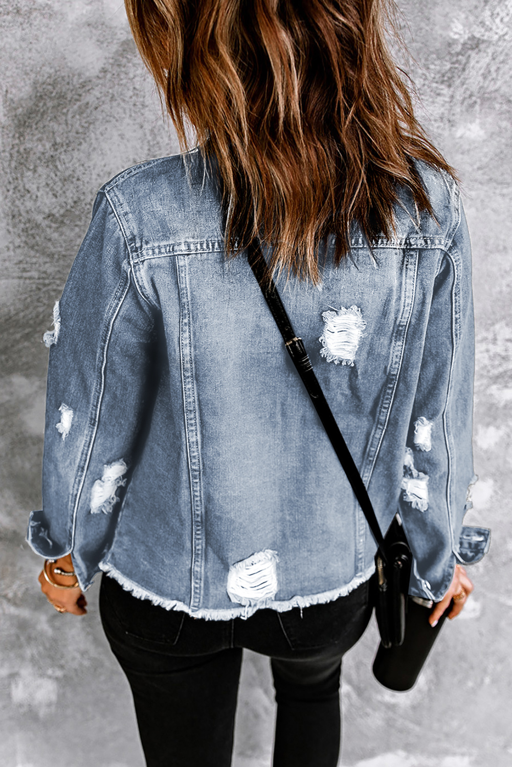 $14.3 Sky Blue Lapel Distressed Raw Hem Buttons Denim Jacket Wholesale