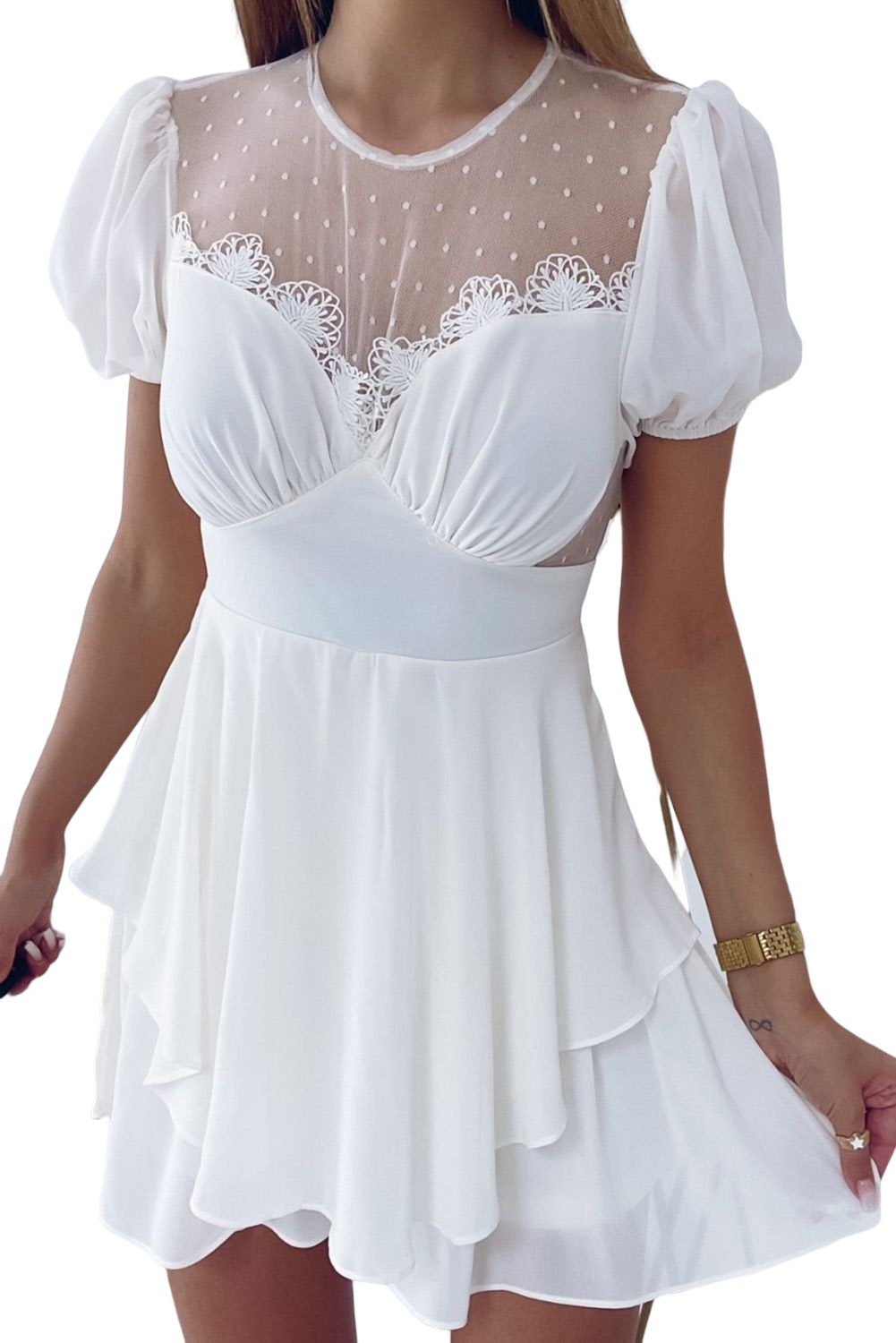 $9.58 White Dotty Mesh Cutout Lace Decor Ruffle Layered Mini Dress ...