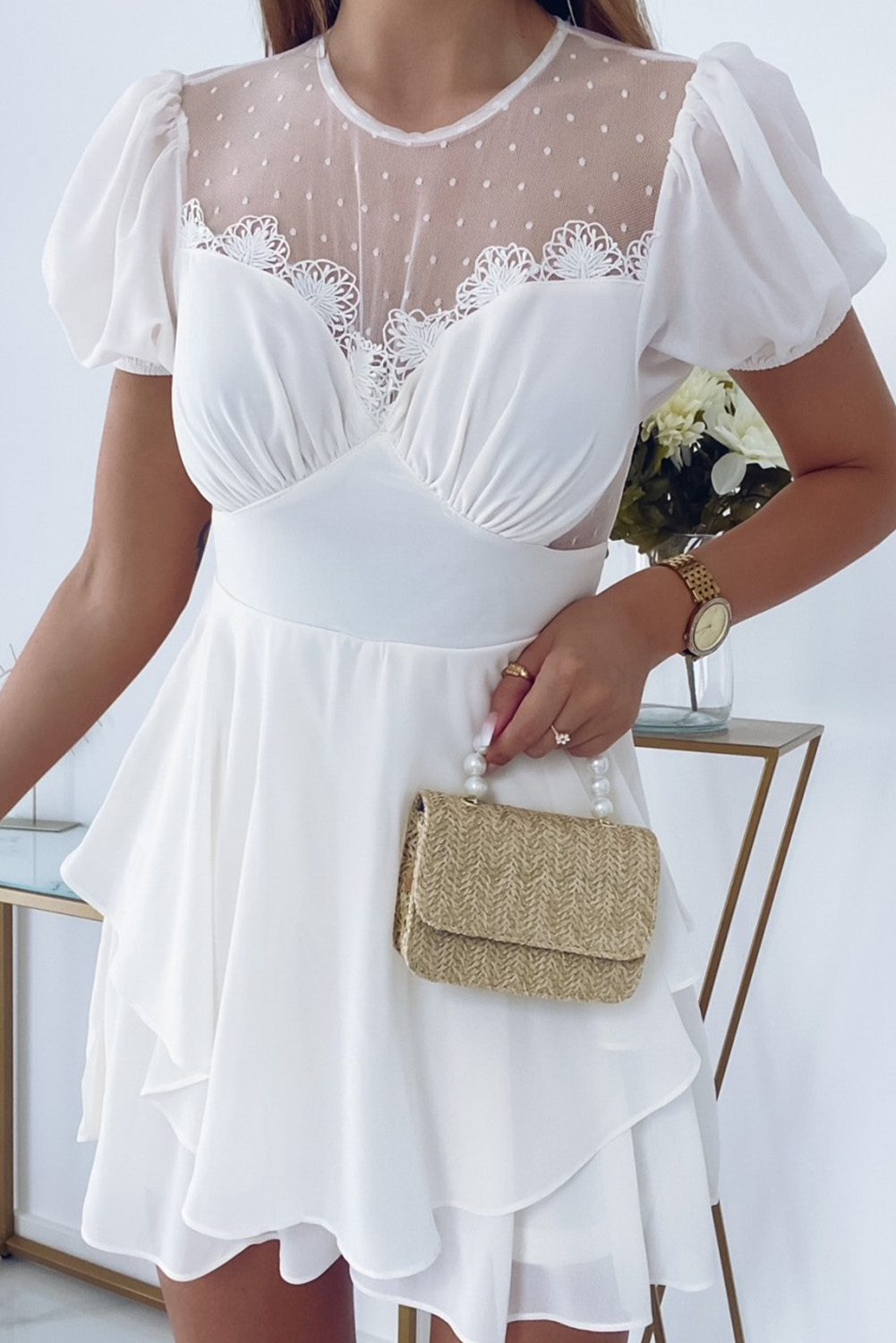 $9.58 White Dotty Mesh Cutout Lace Decor Ruffle Layered Mini Dress ...