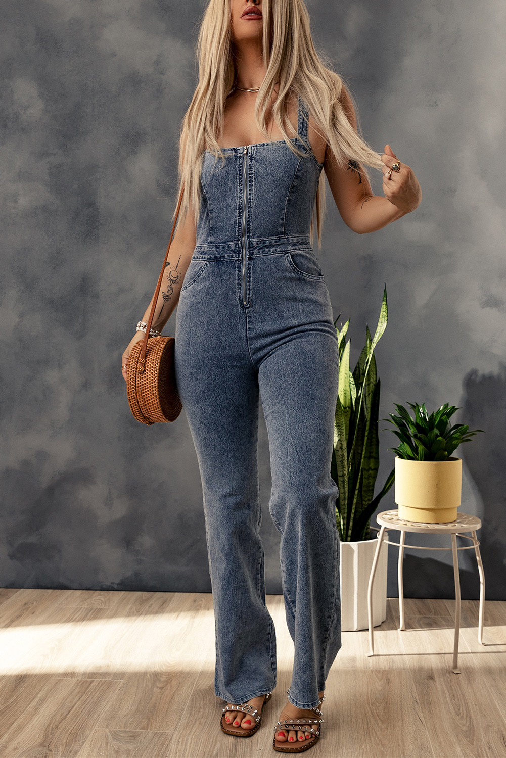 $15.69 Blue Zip Front Bare Back Strappy Denim Overalls Wholesale