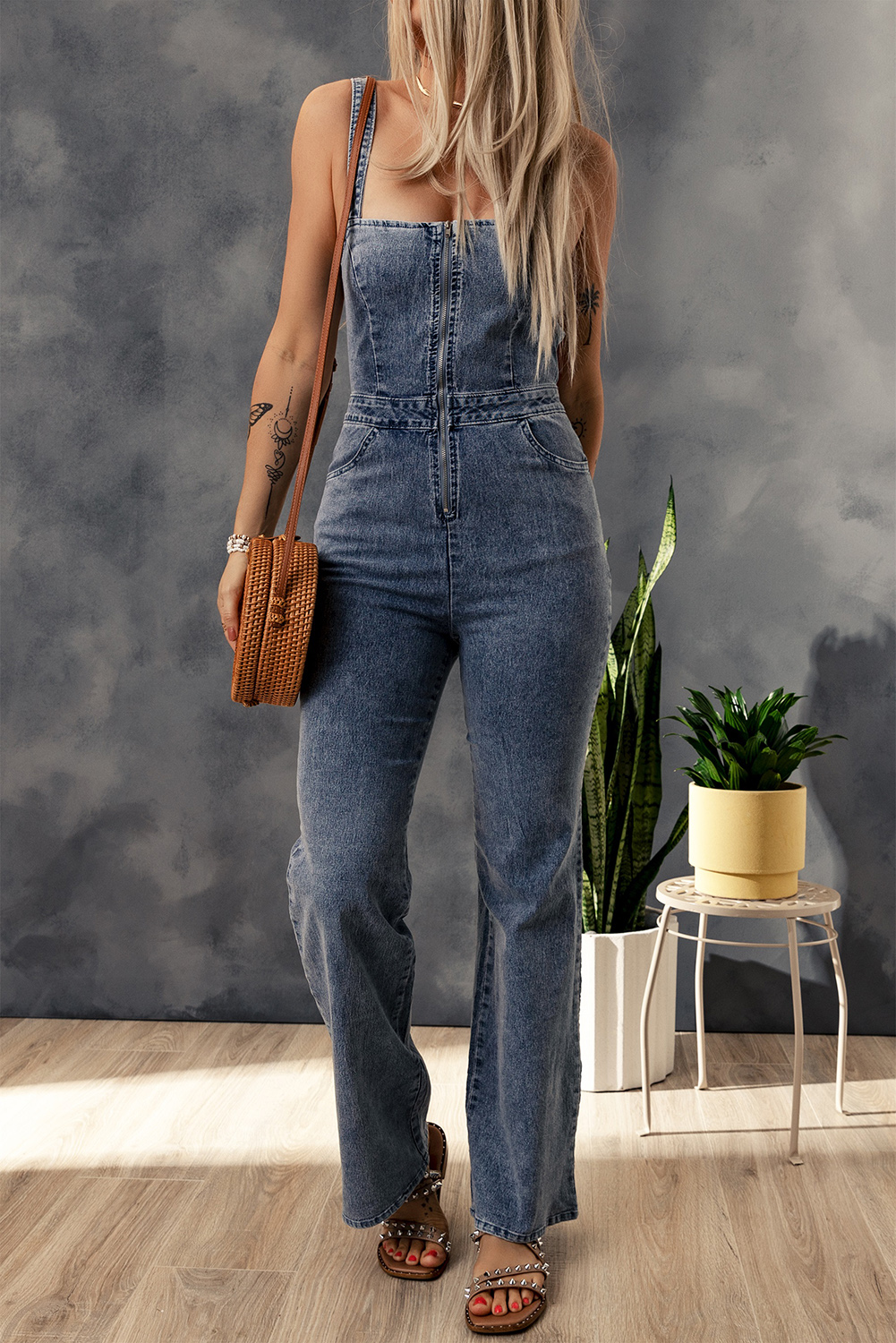$15.69 Blue Zip Front Bare Back Strappy Denim Overalls Wholesale