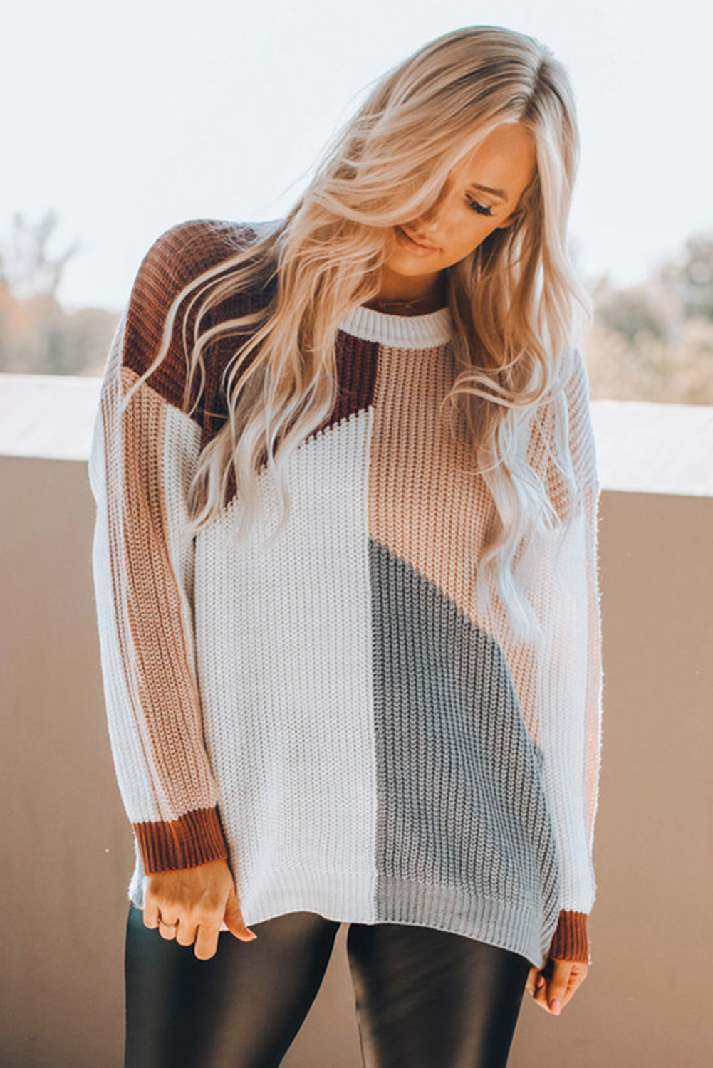 $9.99 Multicolor Loose Fit Color Block Knit Sweater Wholesale