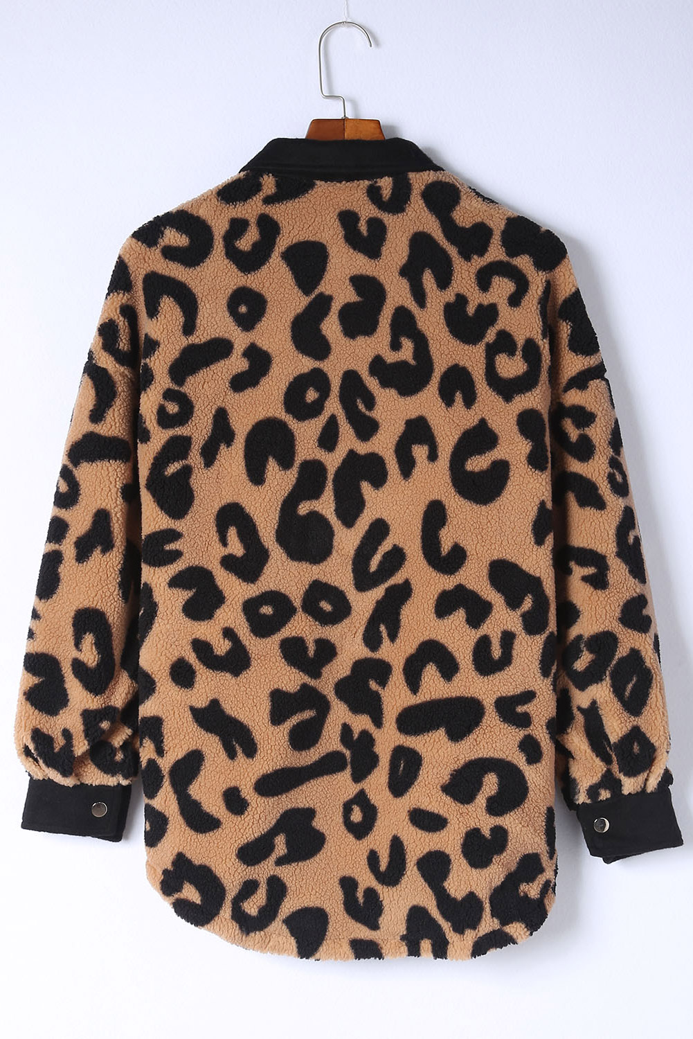 $15.5 Black Contrast Trimmed Leopard Teddy Shacket Wholesale