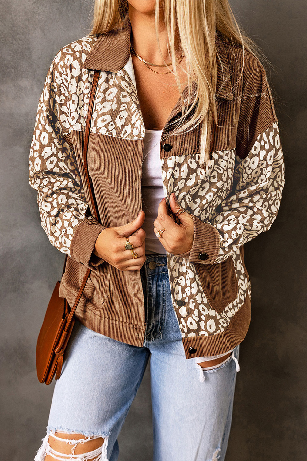 $11.3 Brown Leopard Print Corduroy Long Sleeve Jacket Wholesale