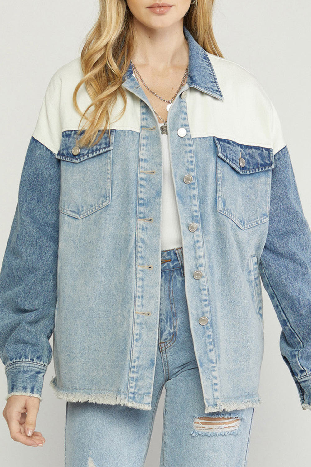 $14.9 Sky Blue Flap Pockets Colorblock Denim Jacket Wholesale