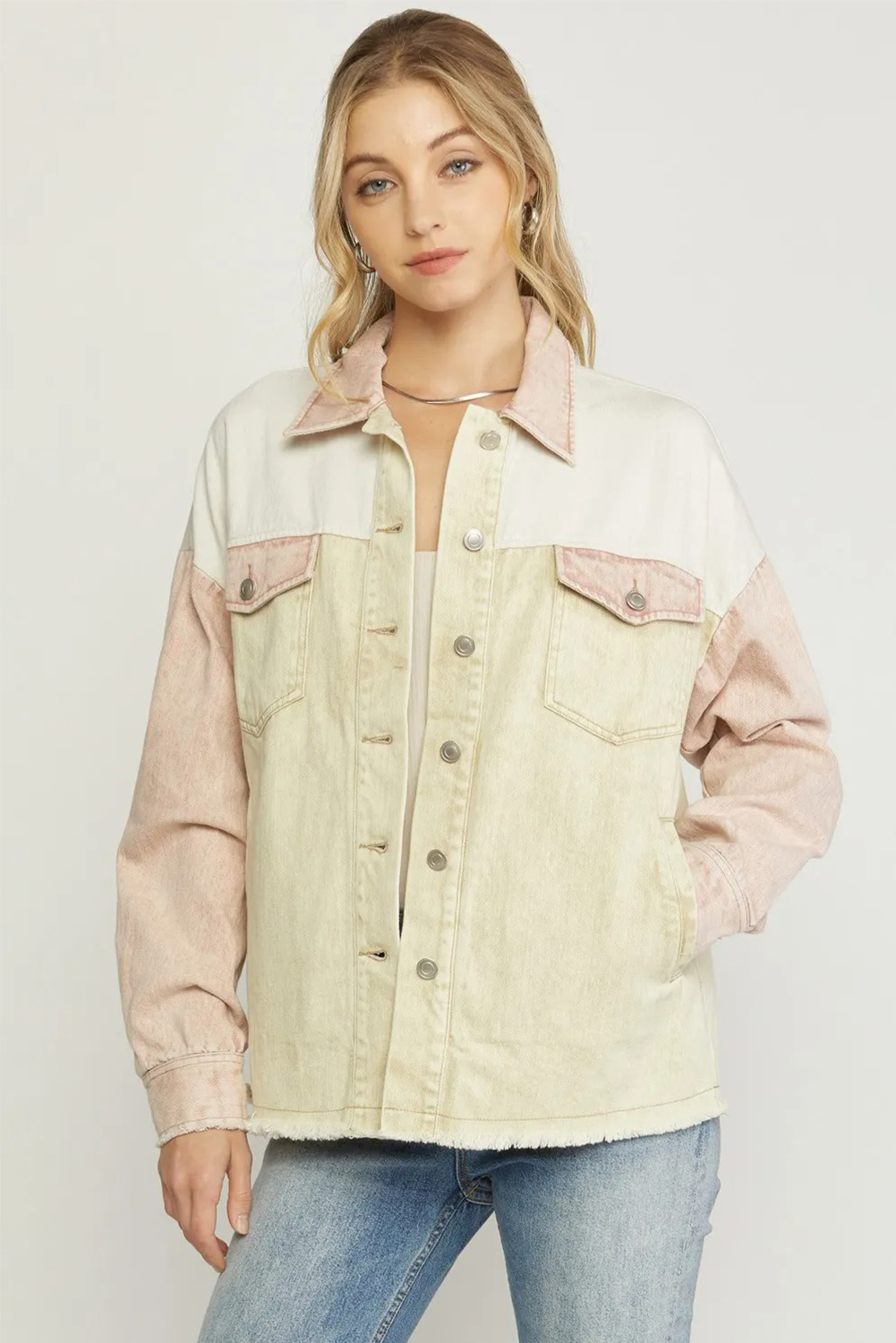 $14.9 Yellow Flap Pockets Colorblock Denim Jacket Wholesale
