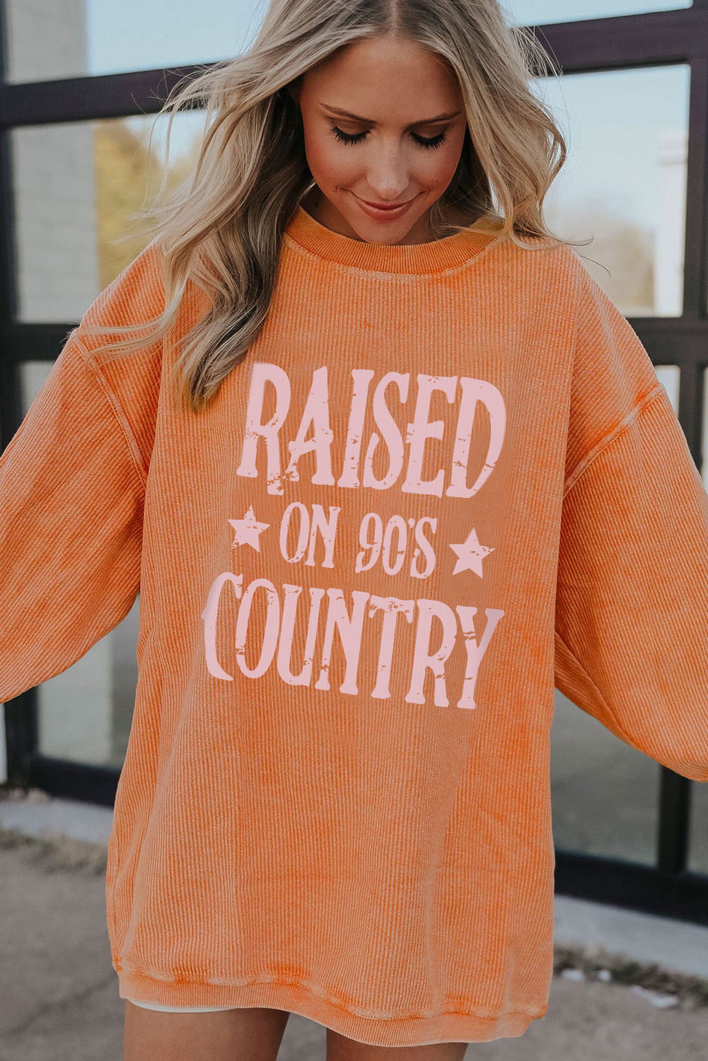 $8.89 Orange Letter Print Ribbed Long Sleeve Oversized Sweatshirt Wholesale