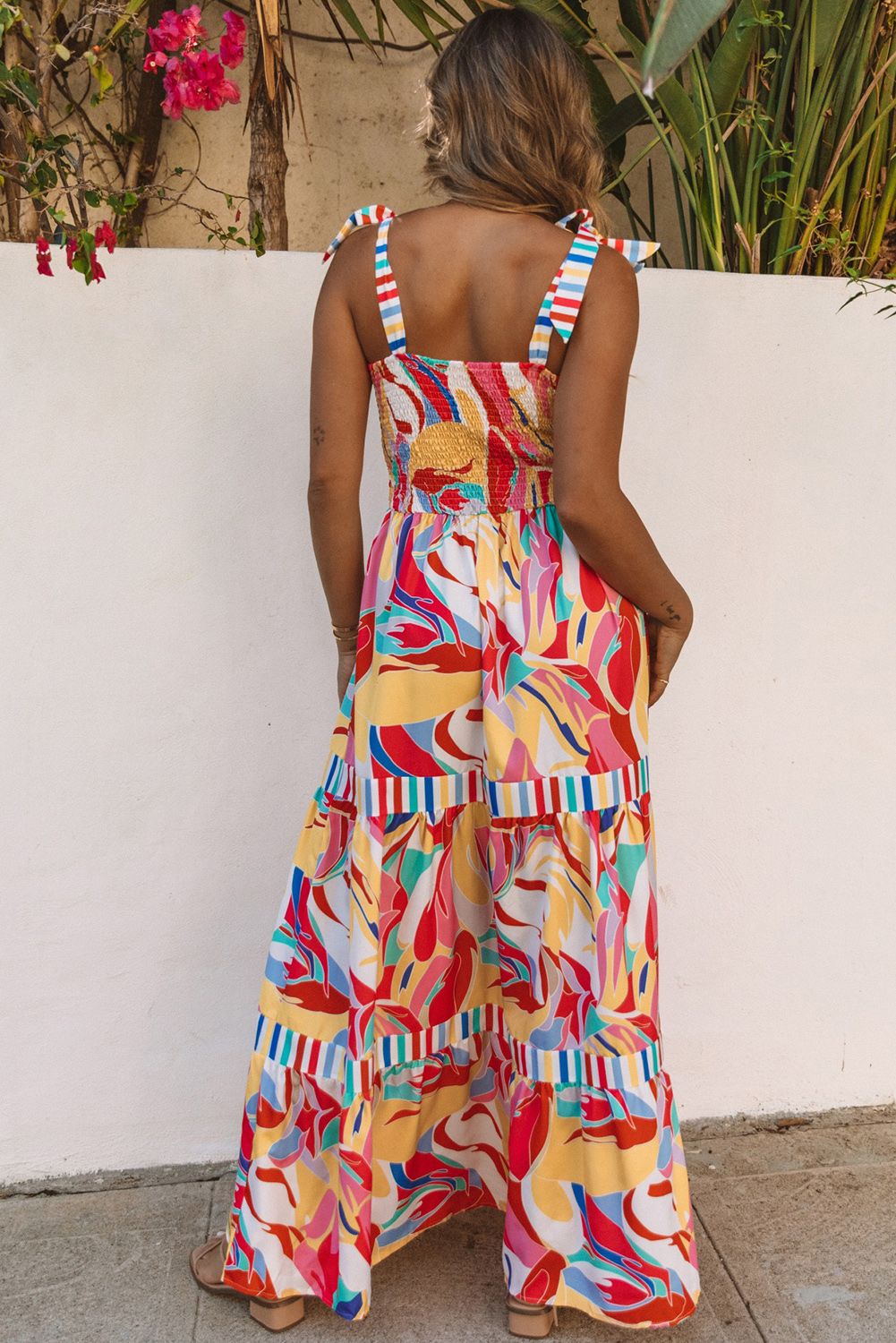 $11.32 Multicolor Abstract Print Striped Trim Maxi Sundress Wholesale