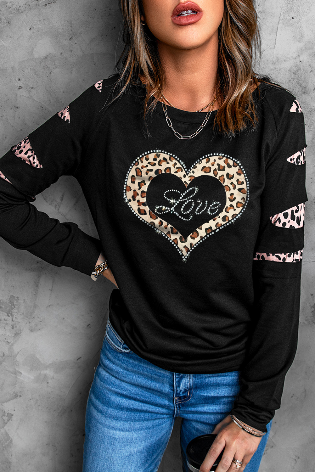 $7.81 Black Leopard Rhinestone Heart Graphic Slash Sleeve Sweatshirt ...