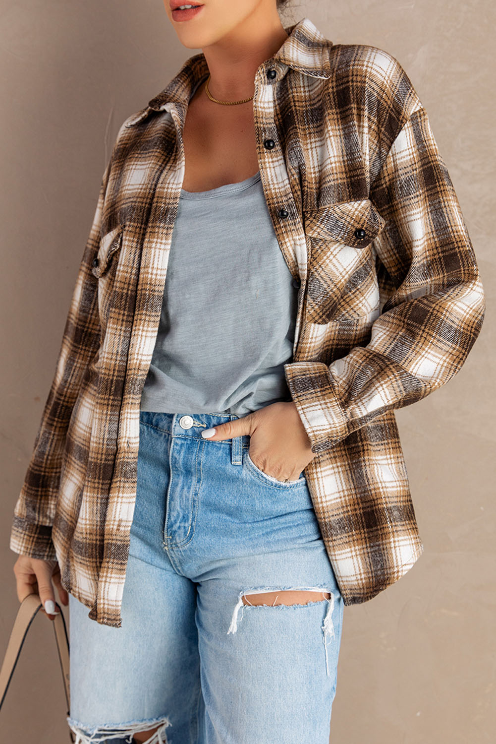 Women's Shacket - Brown Buttons Pocketed Plaid Shacket