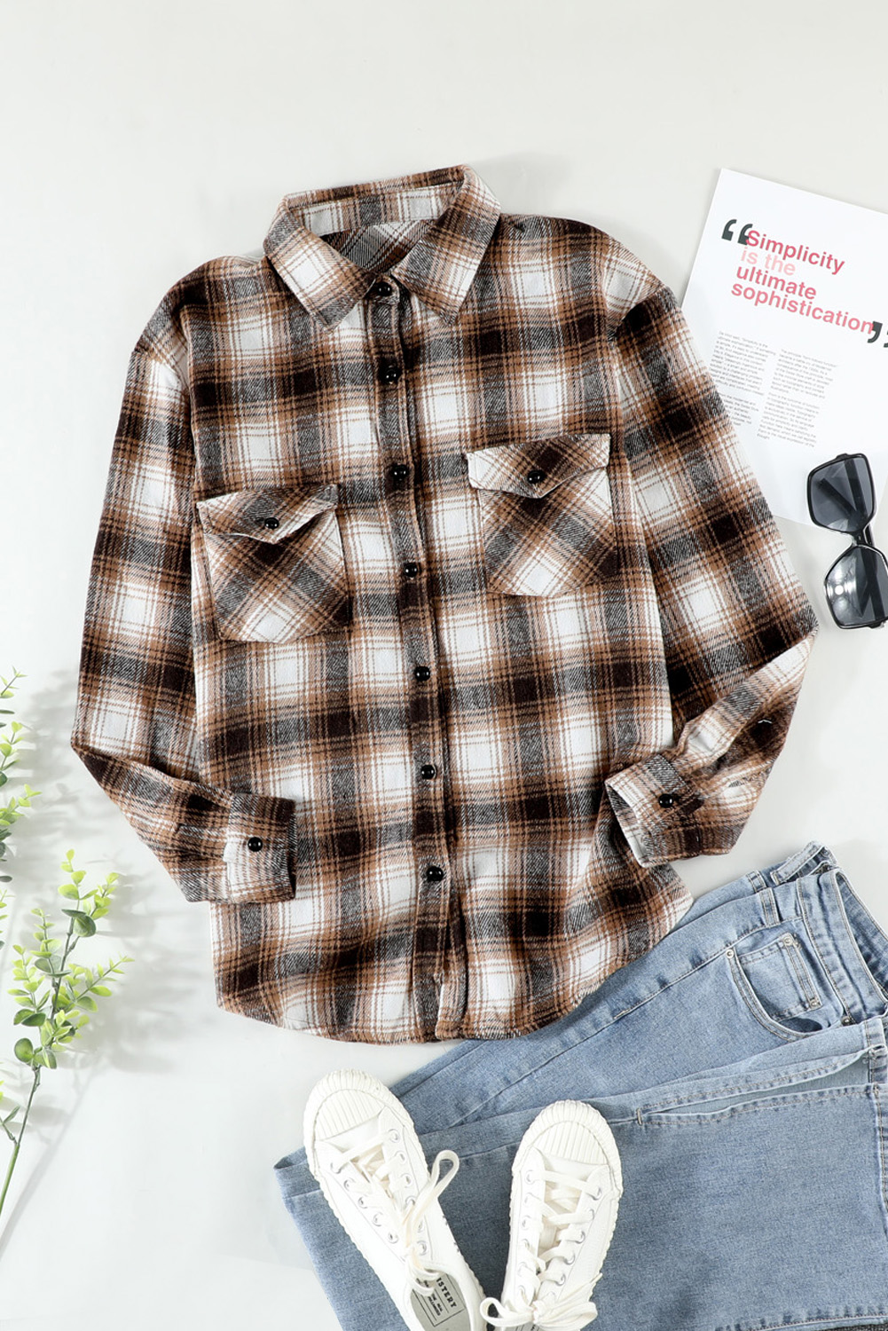 Women's Shacket - Brown Buttons Pocketed Plaid Shacket