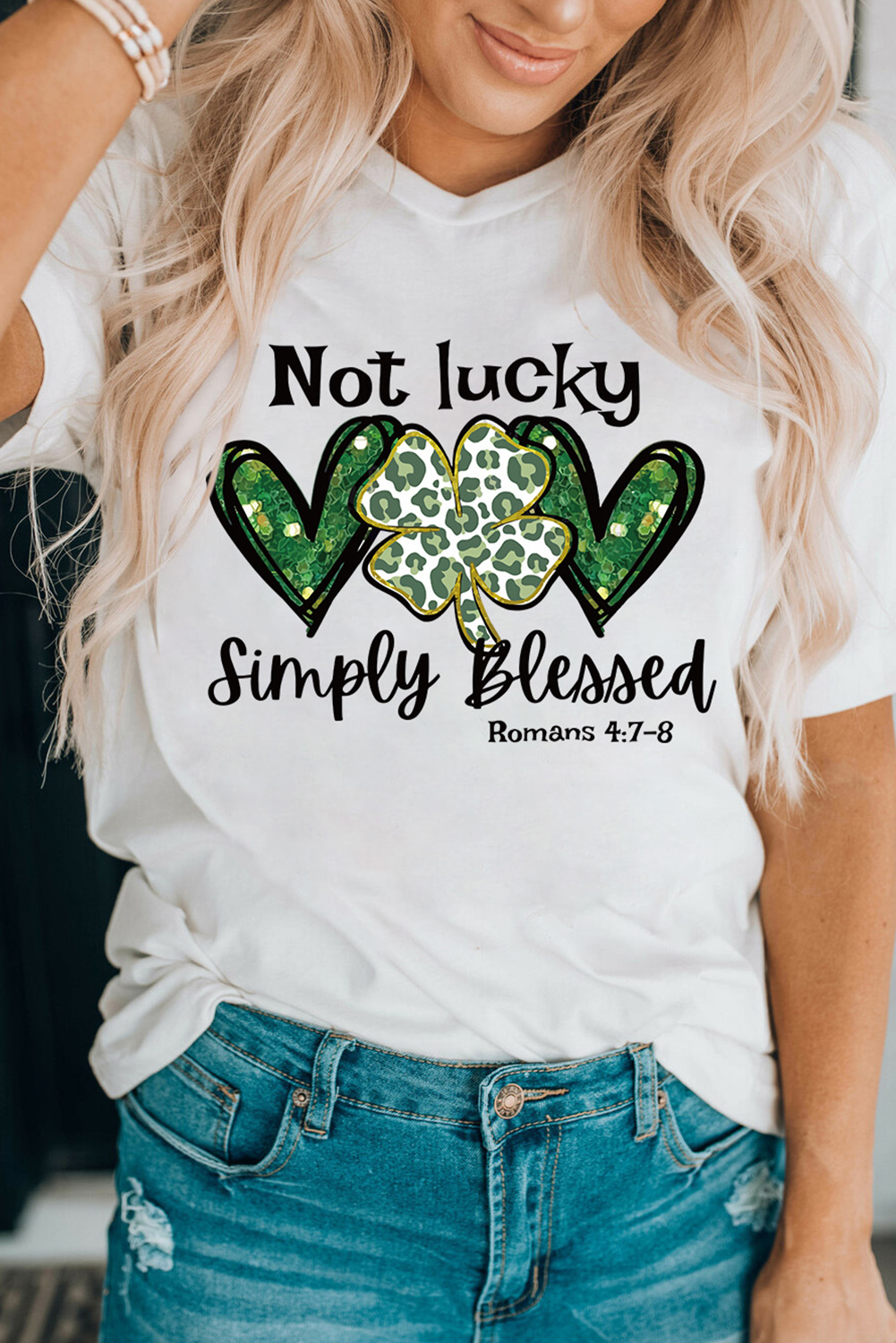 $6.05 White Heart Leopard Clover Slogan Letters Graphic Tee Wholesale