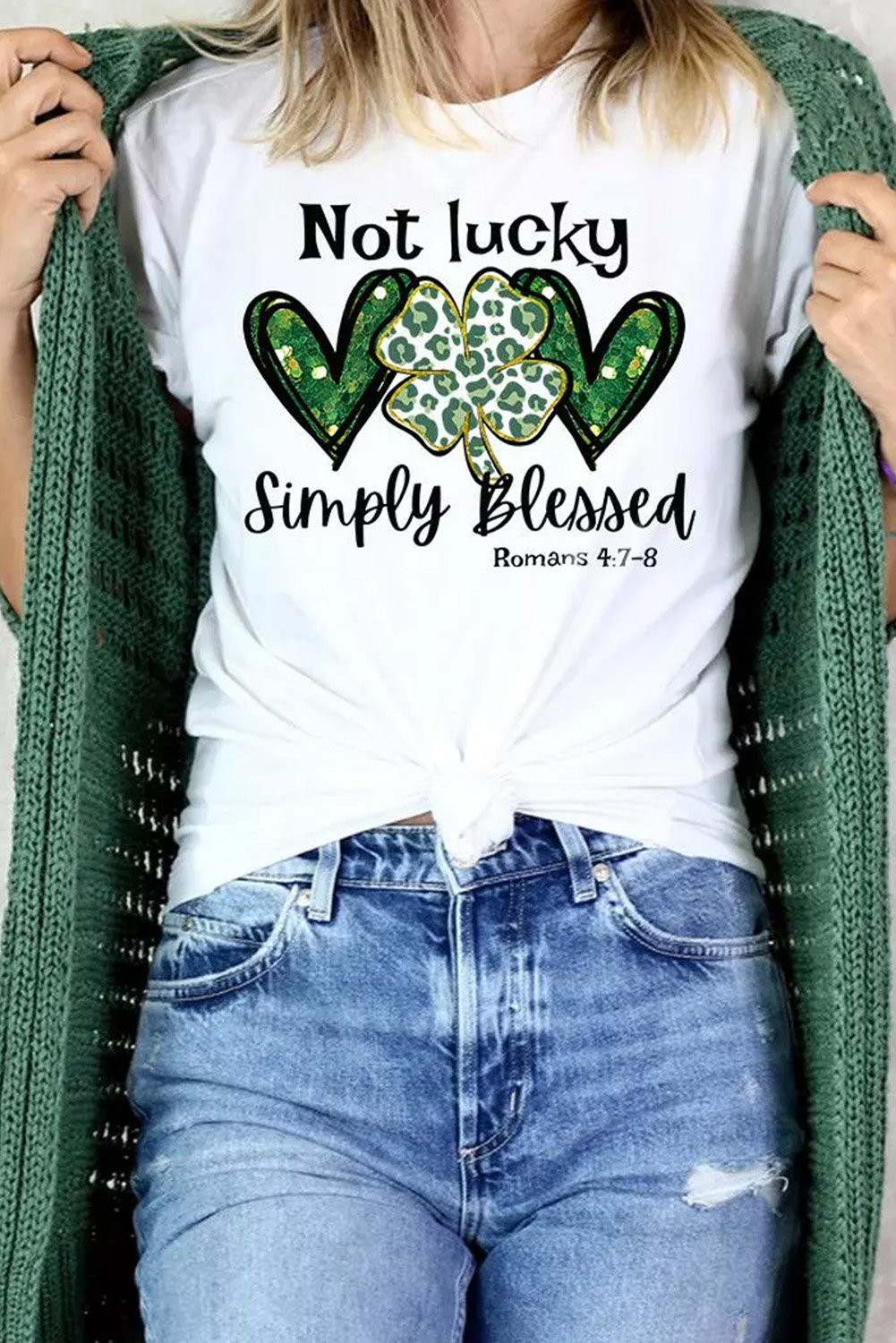 $5.57 White Heart Leopard Clover Slogan Letters Graphic Tee Wholesale