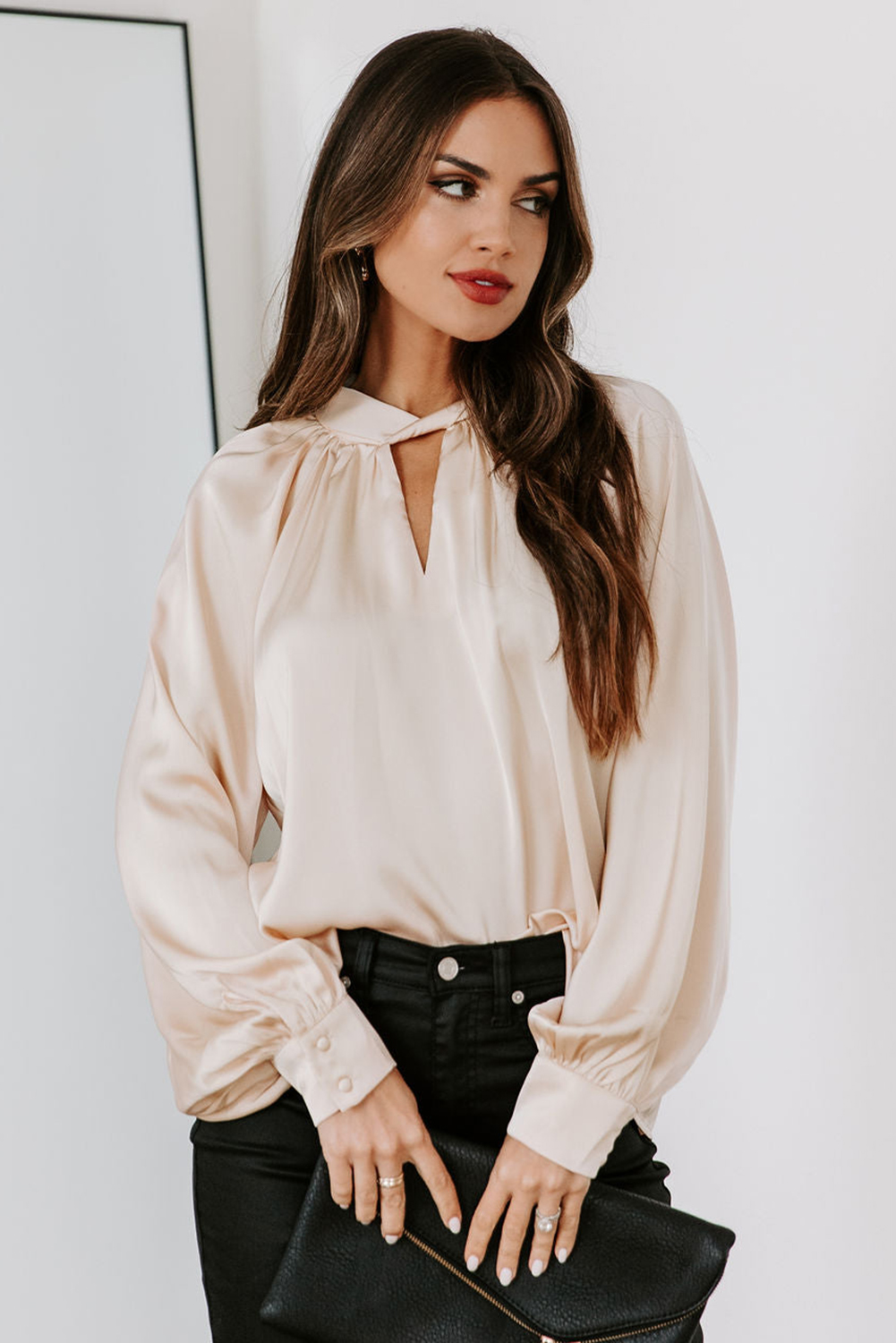 $7.4 Pale Chestnut Twist High Neck Puff Sleeve Satin Blouse Wholesale