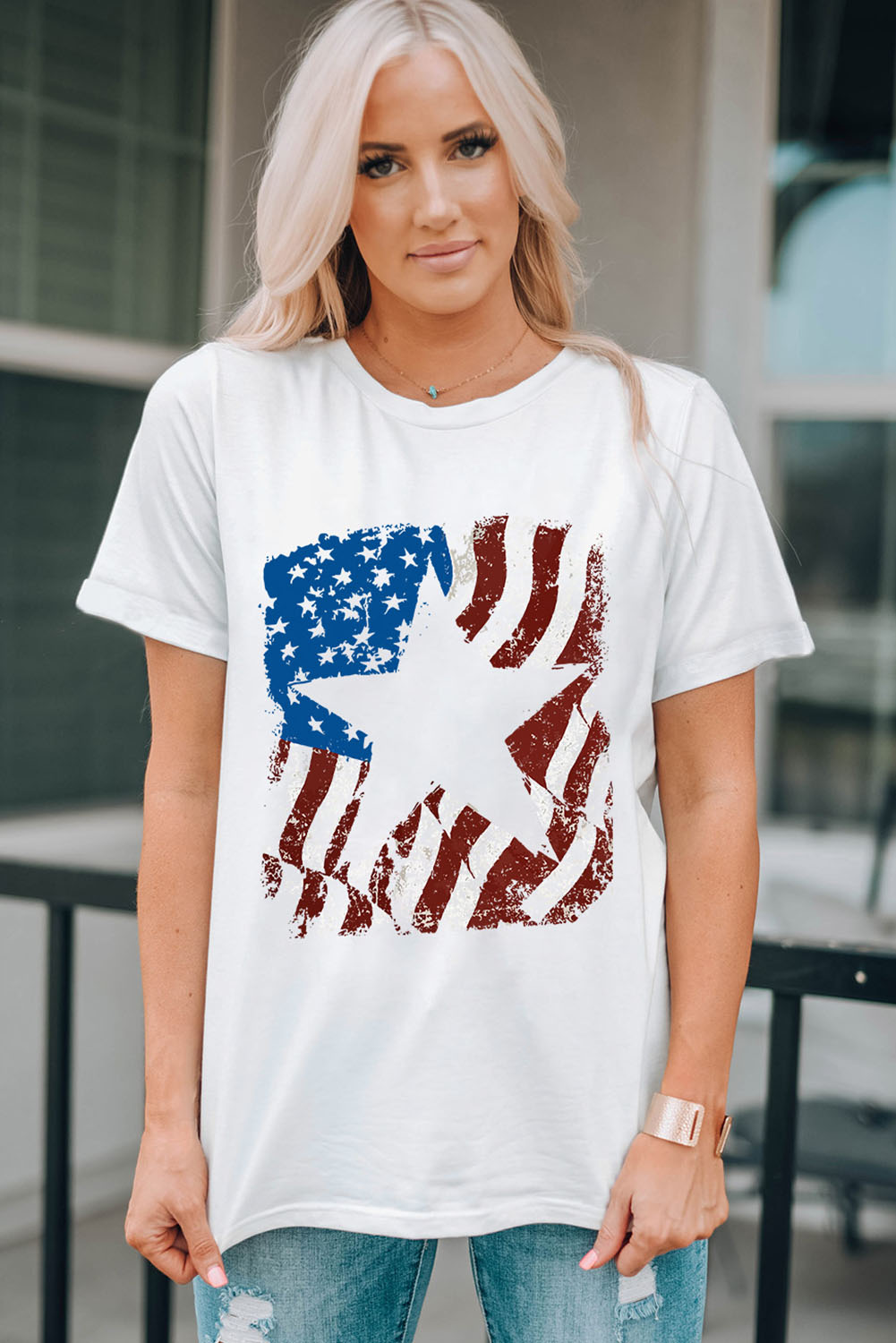 $5.95 White American Flag Star Graphic Crew Neck T Shirt Wholesale