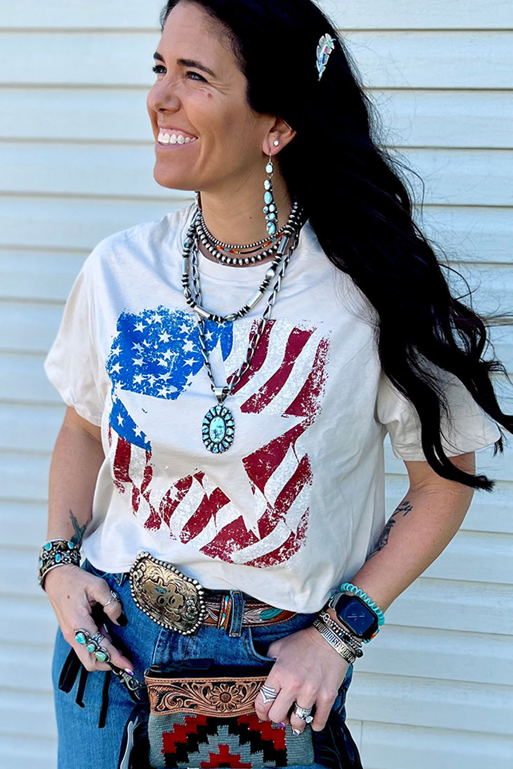 $5.95 White American Flag Star Graphic Crew Neck T Shirt Wholesale
