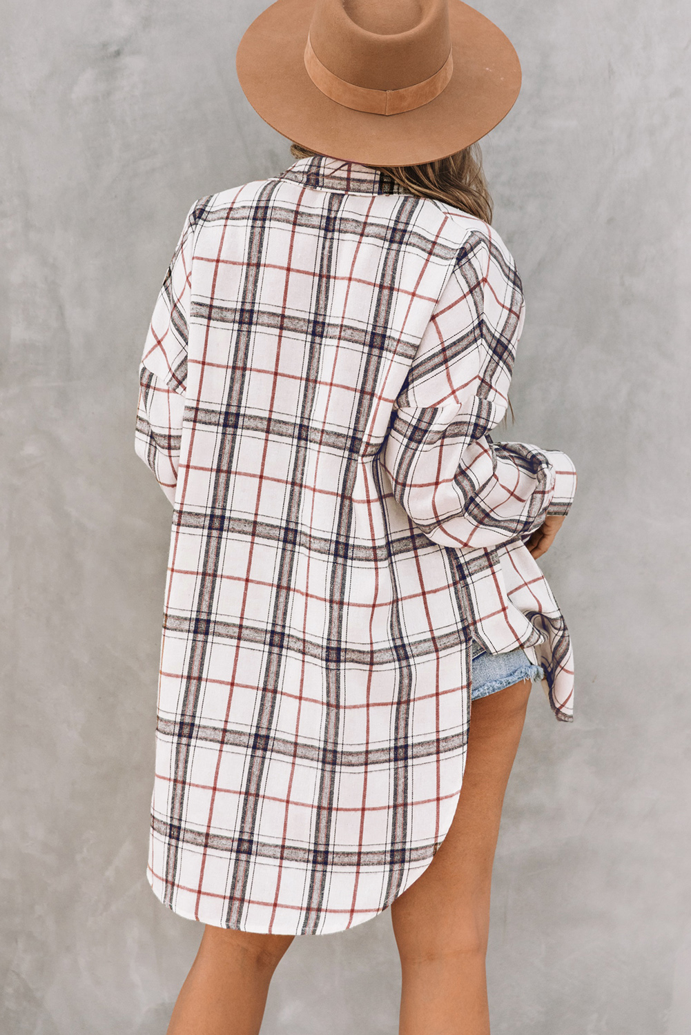 $8.7 White Oversized Plaid Pattern Shacket with Slits Wholesale