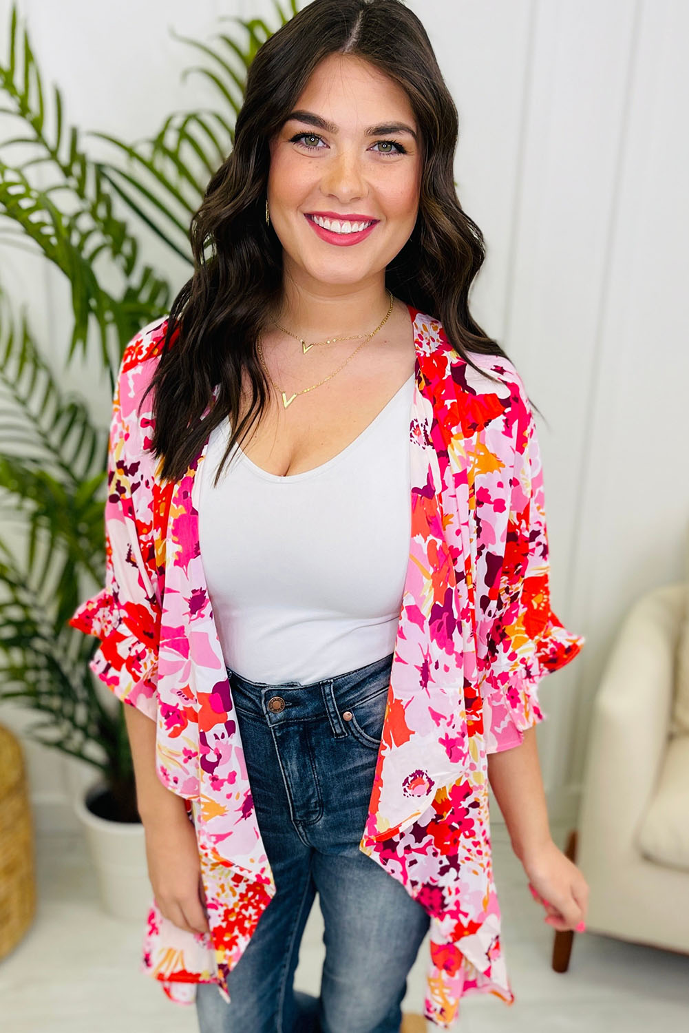 $6.98 Fiery Red Blooming Floral Print Ruffle Kimono Wholesale