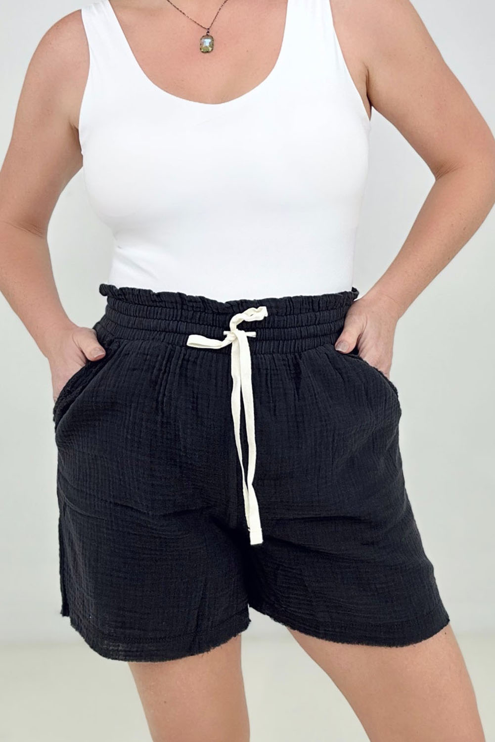 $5.98 Black Crinkle Textured Plus Size Drawstring Shorts Wholesale