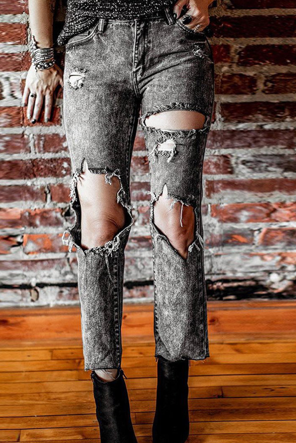 $12.49 Black Heavy Destroyed Vintage Denim Pants Wholesale